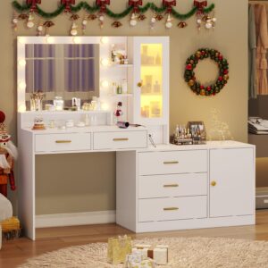 hauoms white makeup vanity with lights vanity desk with mirror, large vanity table set with drawer dresser, charging station & rgb cabinets, makeup table with 5 drawers and storage shelves, white