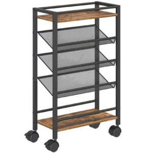 yatiney 5 tier bookshelf, metal small industrial bookcase, mobile book shelf paper cart with wheels, book case display storage shelf organizer for living room, home office, rustic brown sj01br