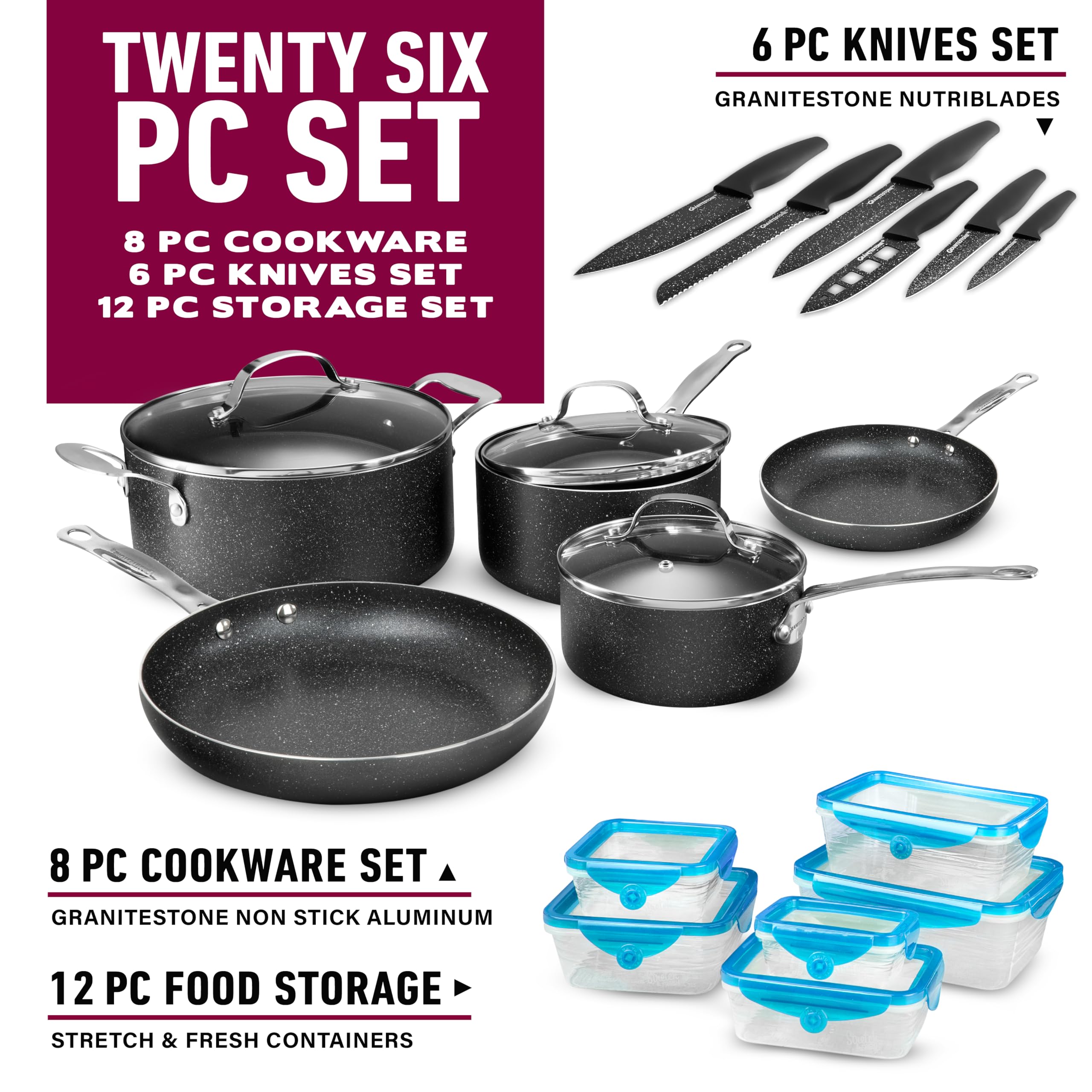 Granitestone 26 Pc Pots and Pan Set Non Stick with Sharp Nutribade Knife Set + Storage Containers, Non Stick Cookware Set, Non Stick Pots and Pan Set, Pot Set, Oven and Dishwasher Safe