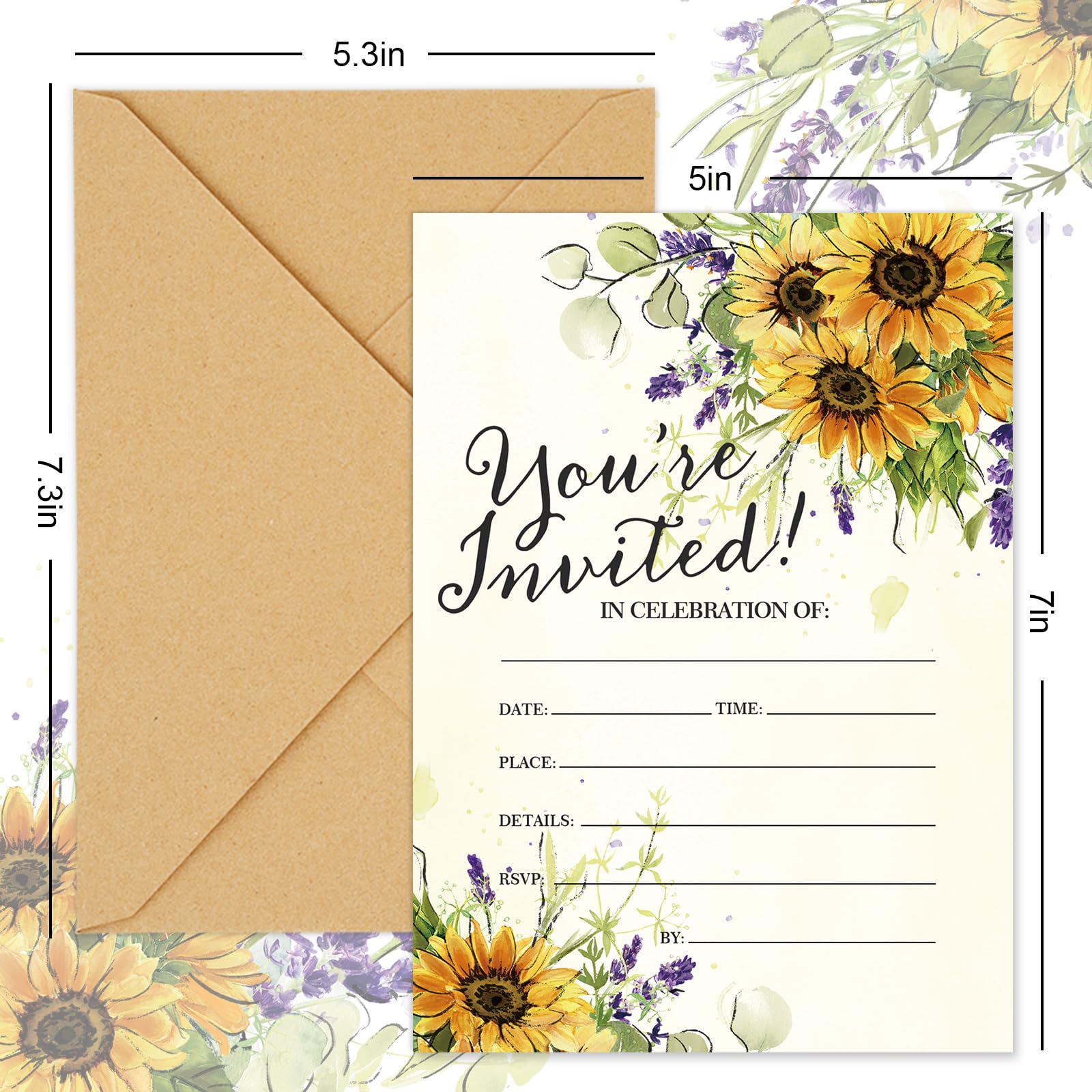 Whaline 25 Sets Sunflower Invitations with Envelopes Stickers Watercolor Floral Invitation Cards Blank Invites for Wedding Bridal Baby Shower Birthday Dinner Party Supplies, 5 x 7 Inch