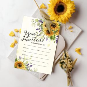 Whaline 25 Sets Sunflower Invitations with Envelopes Stickers Watercolor Floral Invitation Cards Blank Invites for Wedding Bridal Baby Shower Birthday Dinner Party Supplies, 5 x 7 Inch