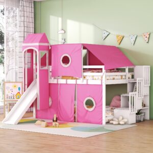 merax low loft bed full size with slide and storage stairs, wood loft bed with tent & tower, for boys & girls, pink