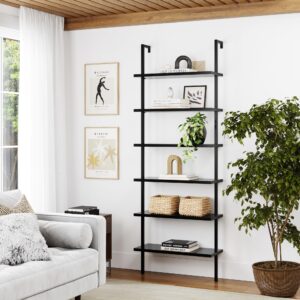 Nathan James Theo 6-Shelf Tall Bookcase, Wall Mount Bookshelf Wood Shelves and Metal Frame, Matte Black