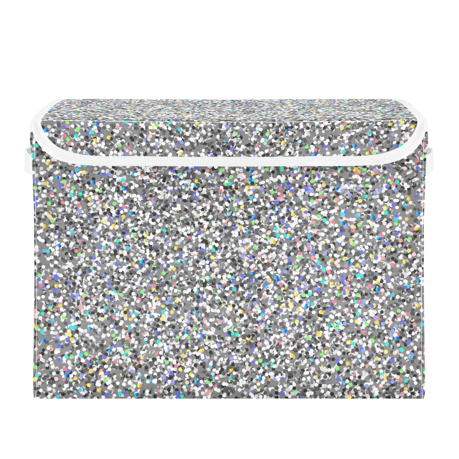 VIGTRO Silver Glitter Rainbow Sparkles Storage Bins with Lids Foldable Storage Boxes with 2 Handles, Bling Decorative Storage Basket Collapsible for Clothes Books