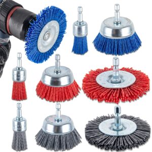 nylon filament brush - 9 pack abrasive filament nylon wire bristle drill wheel and cup brush set, nylon brush for drill with 1/4 inch hex shank for removal of rust corrosion paint - 80/100/ 240 grit