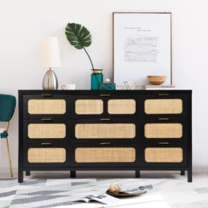 uhmuvfm 9 drawer dresser with rattan finish, modern farmhouse chest of drawers with metal handles, accent wood storage cabinet for bedroom, living room and kitchen (black)