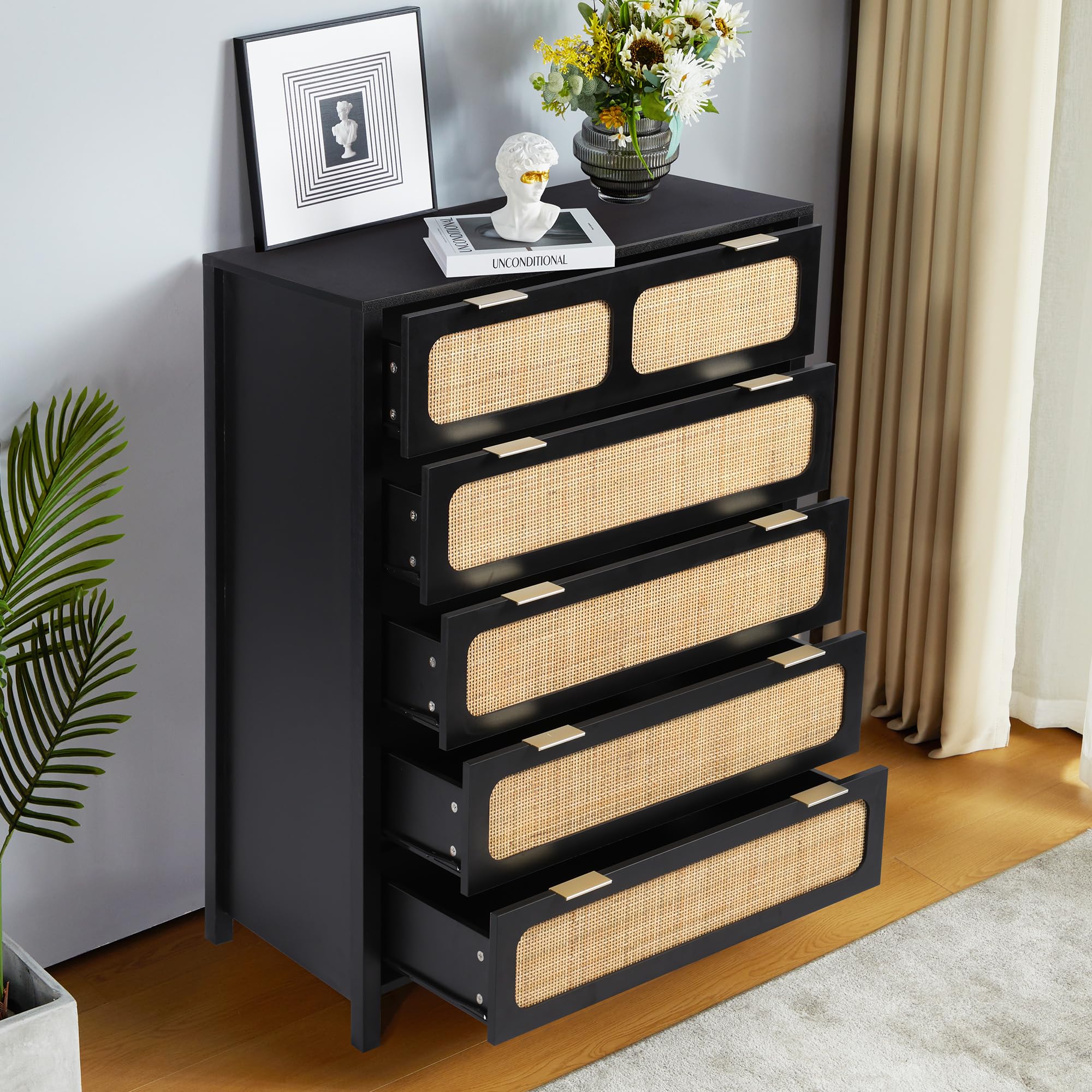 UHMUVFM 5 Drawer Dresser with Rattan Finish, Modern Farmhouse Chest of Drawers with Metal Handles, Accent Wood Storage Cabinet for Bedroom, Living Room and Kitchen (Black)