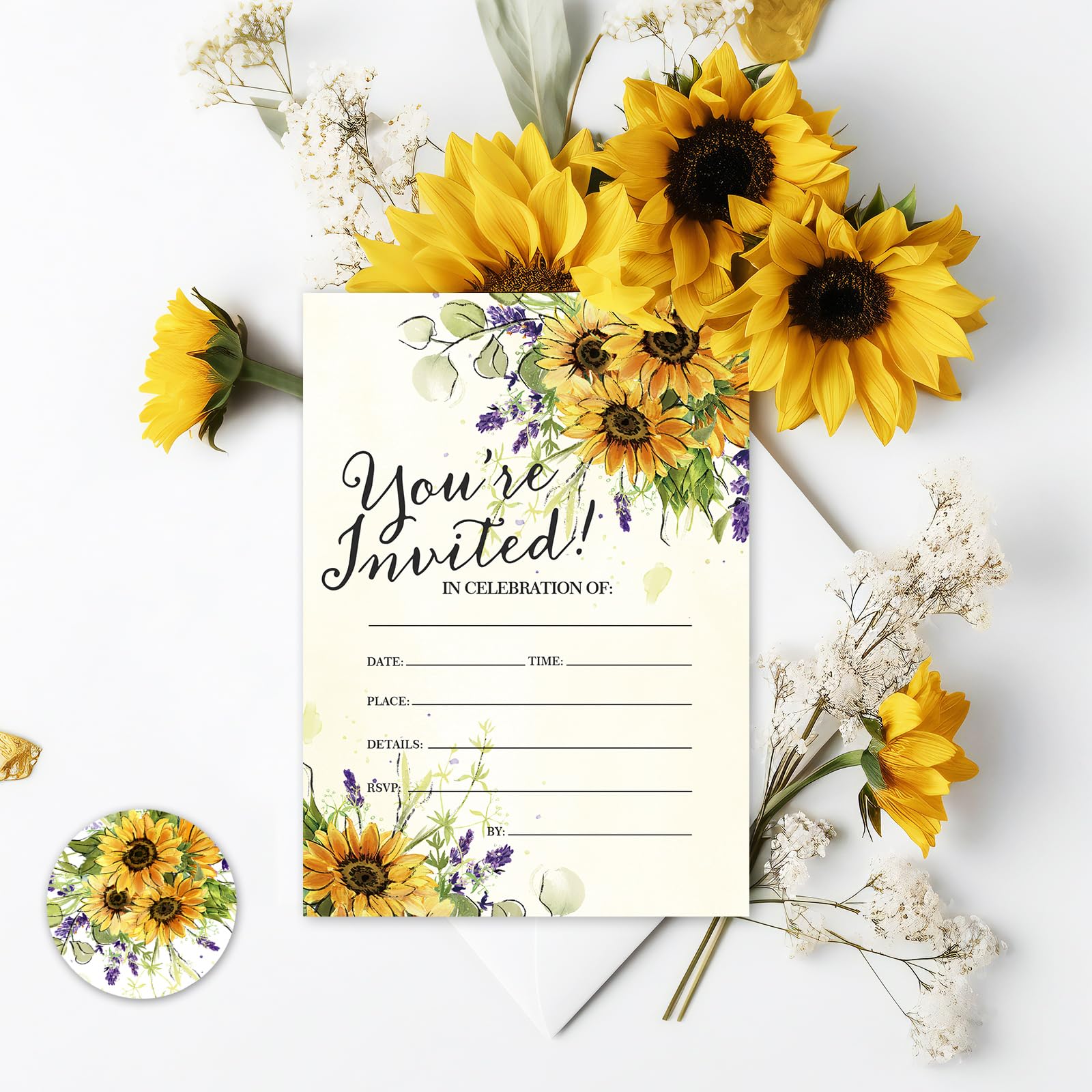 Whaline 25 Sets Sunflower Invitations with Envelopes Stickers Watercolor Floral Invitation Cards Blank Invites for Wedding Bridal Baby Shower Birthday Dinner Party Supplies, 5 x 7 Inch