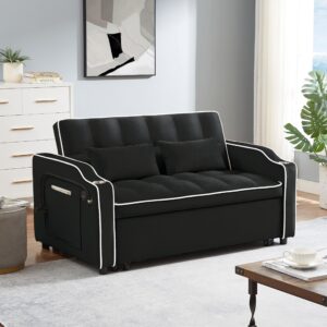 Lakifun Convertible Sleeper Sofa Bed, Modern Velvet Loveseat w/Pull Out Couch, 54.7" Loveseats Sofa w/Adjsutable Backrest, Cup Holders and USB Port, Swivel Phone Stand,Black