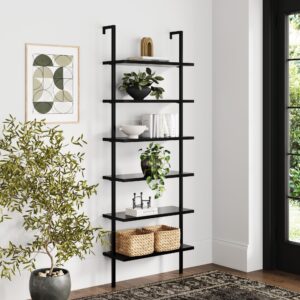 nathan james theo 6-shelf tall bookcase, wall mount bookshelf wood shelves and metal frame, matte black