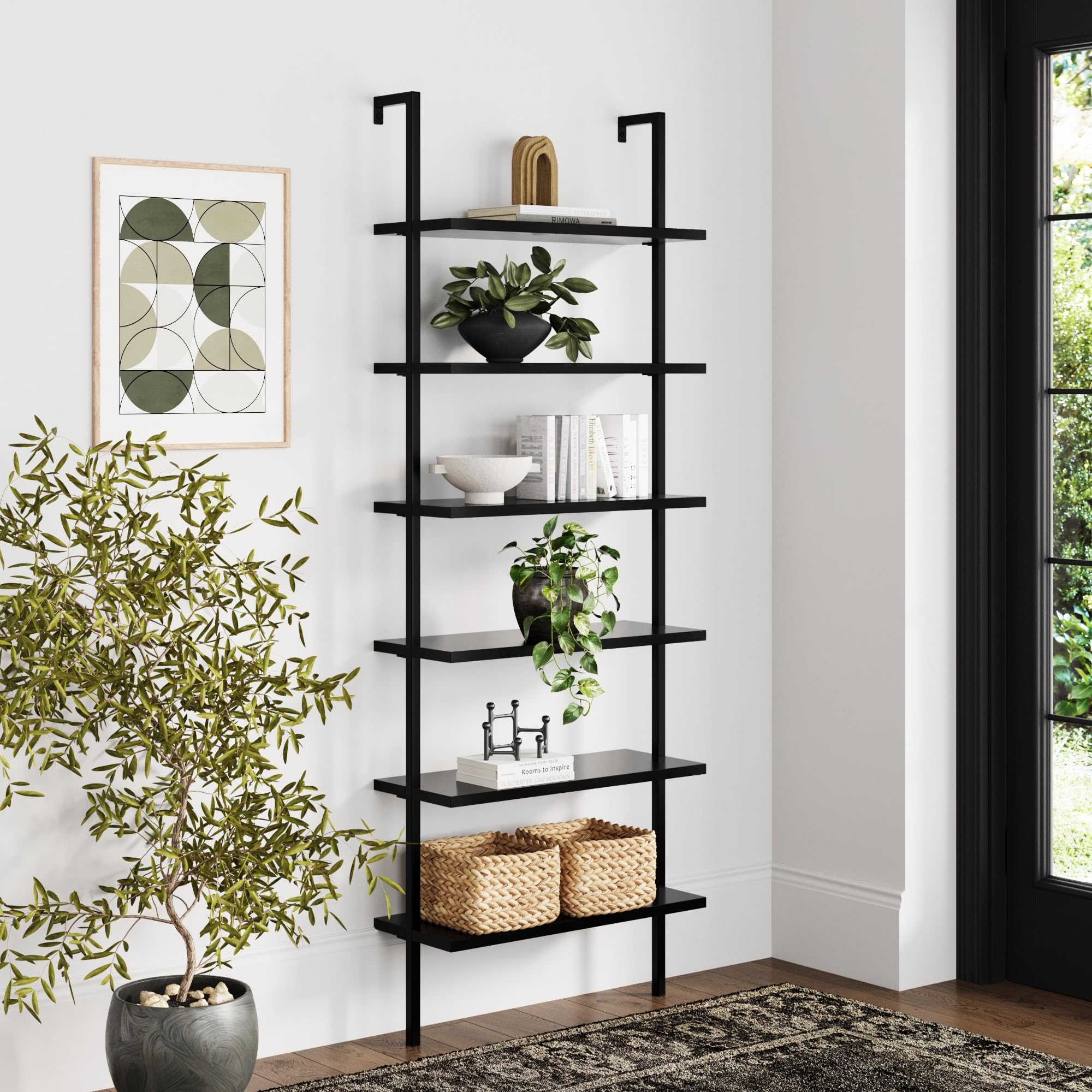 Nathan James Theo 6-Shelf Tall Bookcase, Wall Mount Bookshelf Wood Shelves and Metal Frame, Matte Black