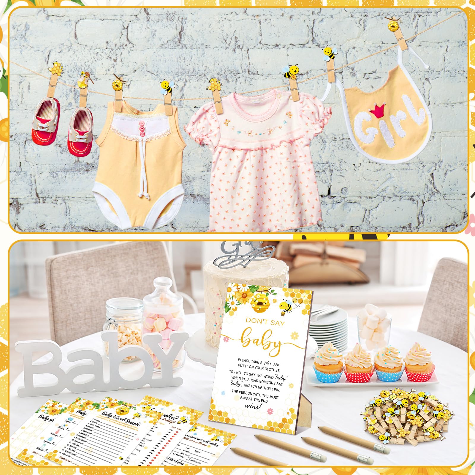 Patelai 321 Pcs Baby Shower Games Supplies, 5 Sets (50 Cards Each) Activities Cards with 20 Pencils 1 Don't Say Baby Sign 50 Clothespin(Bee)