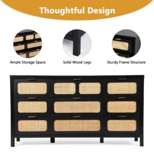 UHMUVFM 9 Drawer Dresser with Rattan Finish, Modern Farmhouse Chest of Drawers with Metal Handles, Accent Wood Storage Cabinet for Bedroom, Living Room and Kitchen (Black)