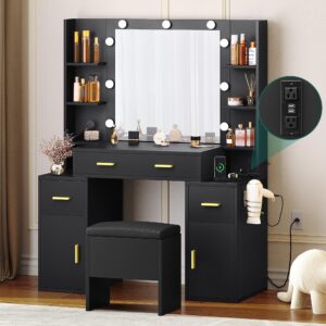 yitahome makeup vanity desk with mirror and lights, large vanity set with charging station, dressing table with storage bench, makeup vanity mirror with shelf and drawers, 3 led lights modes, black