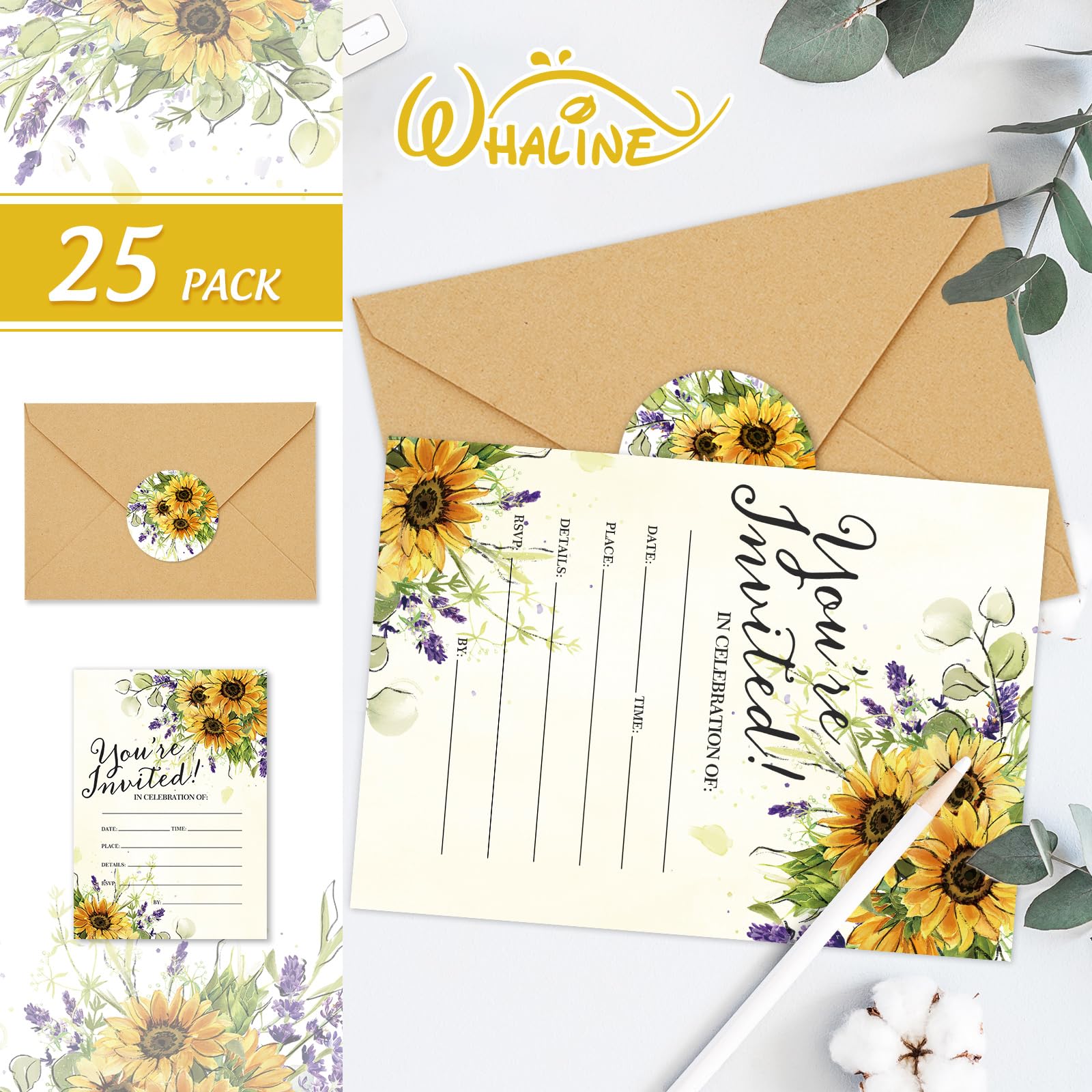 Whaline 25 Sets Sunflower Invitations with Envelopes Stickers Watercolor Floral Invitation Cards Blank Invites for Wedding Bridal Baby Shower Birthday Dinner Party Supplies, 5 x 7 Inch