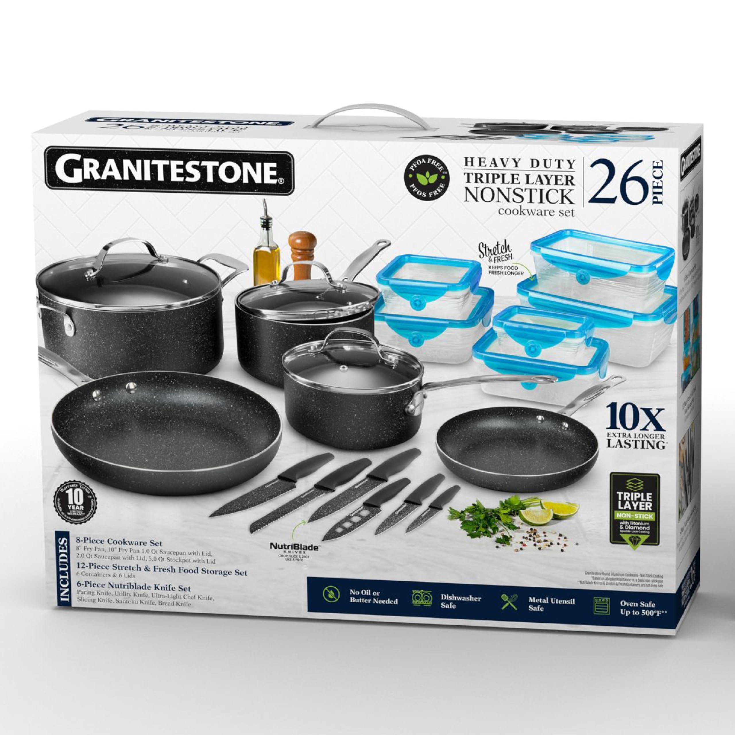 Granitestone 26 Pc Pots and Pan Set Non Stick with Sharp Nutribade Knife Set + Storage Containers, Non Stick Cookware Set, Non Stick Pots and Pan Set, Pot Set, Oven and Dishwasher Safe