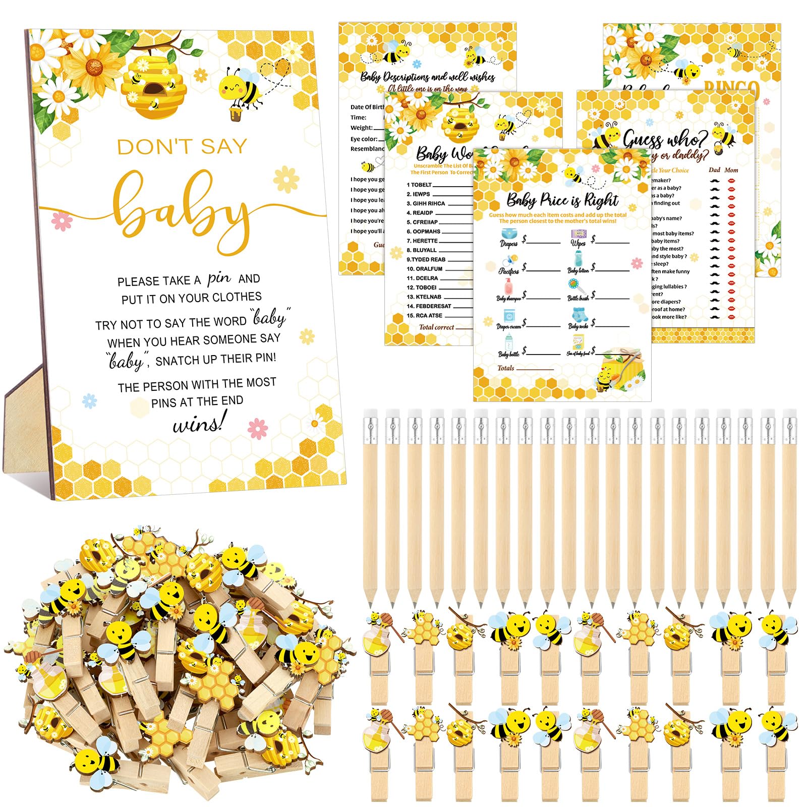 Patelai 321 Pcs Baby Shower Games Supplies, 5 Sets (50 Cards Each) Activities Cards with 20 Pencils 1 Don't Say Baby Sign 50 Clothespin(Bee)