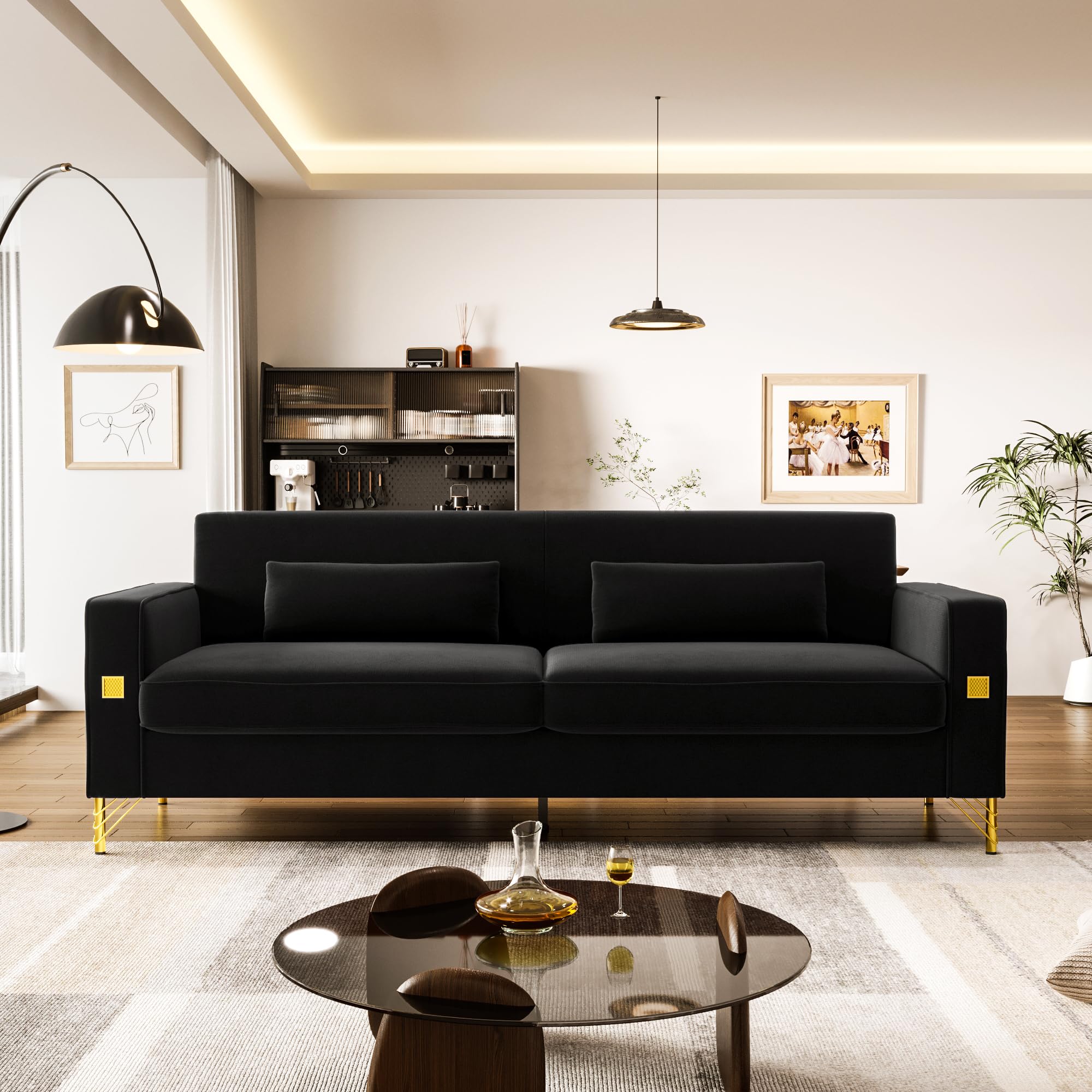 85.63'' Mid-Century Modern Black Velvet Sofa Couch with Metal Gold Legs, 3 Seater Tufted Loveseat Couches with 2 Lumbar Pillows for Living Room and Apartment