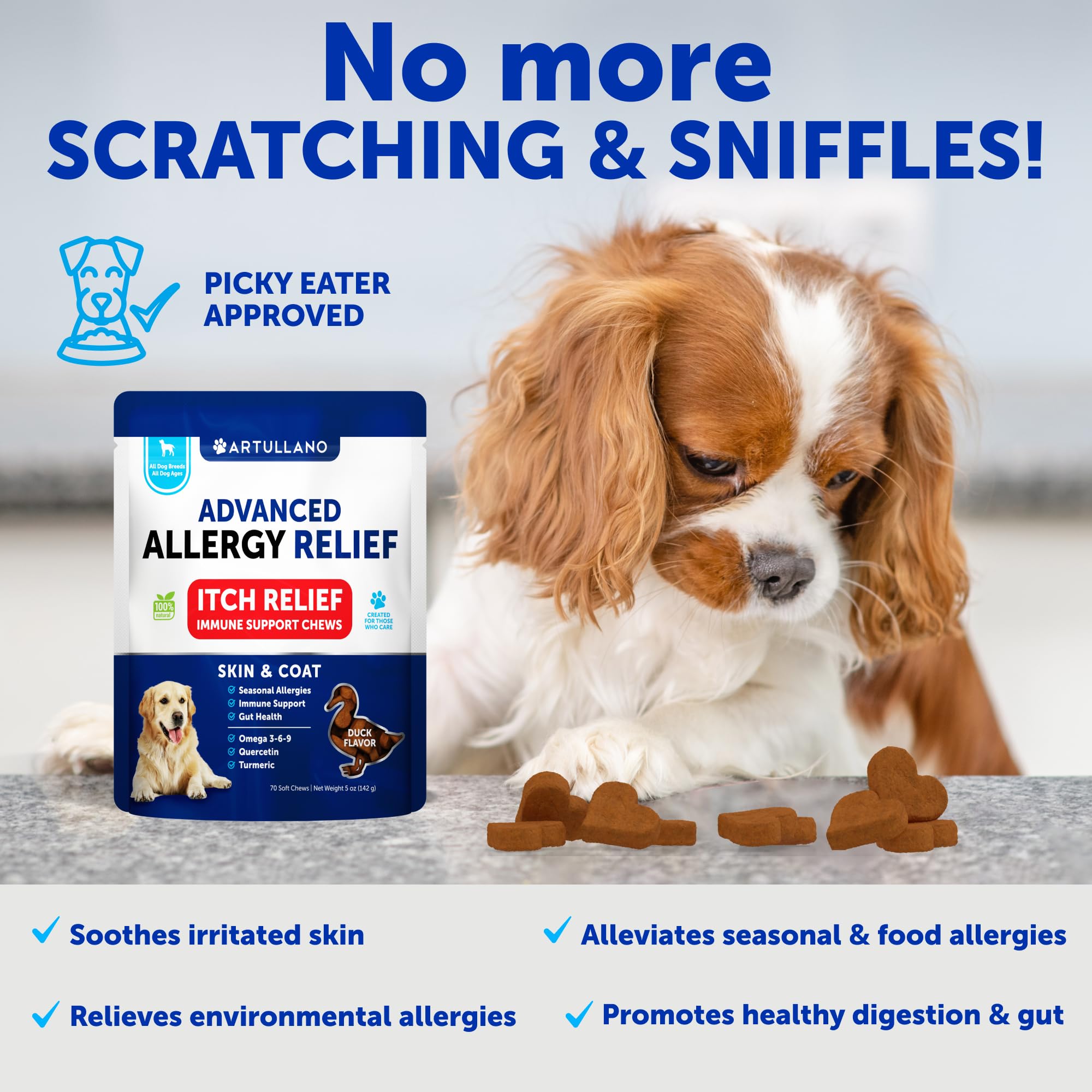 Artullano Dog Allergy Relief Chews - Dog Itching Skin Relief Treatment Pills - Itchy and Paw Licking - Anti-Itch Support - Immune Skin & Coat Supplement - Dry Skin and Hot Spots - 70 Treats