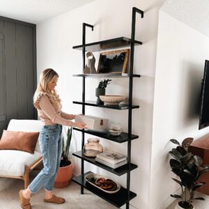 Nathan James Theo 6-Shelf Tall Bookcase, Wall Mount Bookshelf Wood Shelves and Metal Frame, Matte Black