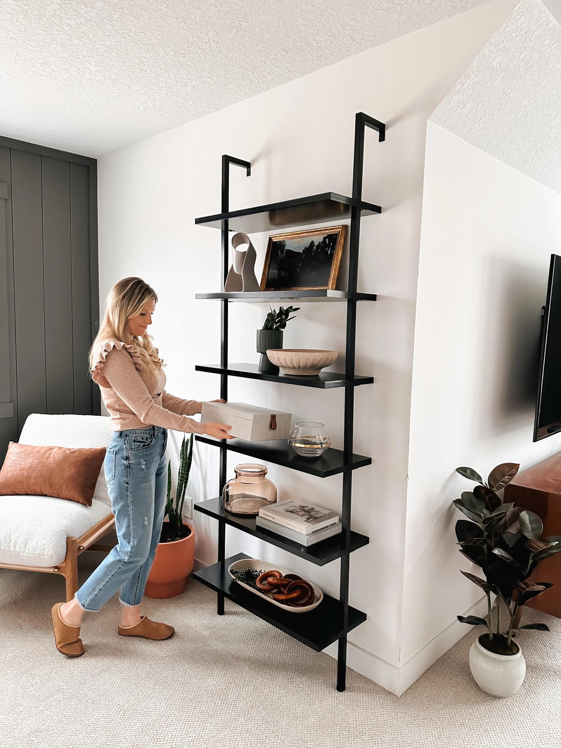 Nathan James Theo 6-Shelf Tall Bookcase, Wall Mount Bookshelf Wood Shelves and Metal Frame, Matte Black