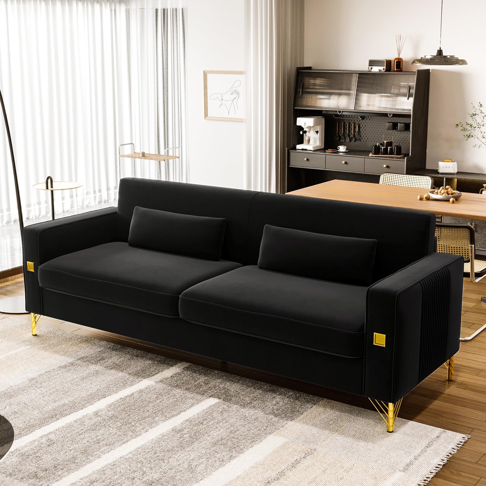 85.63'' Mid-Century Modern Black Velvet Sofa Couch with Metal Gold Legs, 3 Seater Tufted Loveseat Couches with 2 Lumbar Pillows for Living Room and Apartment