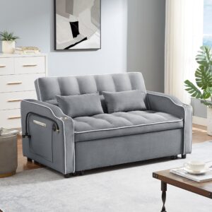 Lakifun Convertible Sleeper Sofa Bed, Modern Velvet Loveseat w/Pull Out Couch, 54.7" Loveseats Sofa w/Adjsutable Backrest, Cup Holders and USB Port, Swivel Phone Stand,Grey