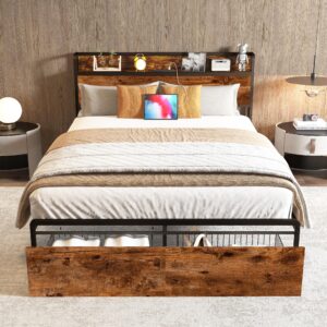 45minst queen size metal bed frame furniture with storage headboard, charging station platform, bedsteads of wood, 2 drawers, heavy duty, no box spring needed, easy assembly, vintage brown