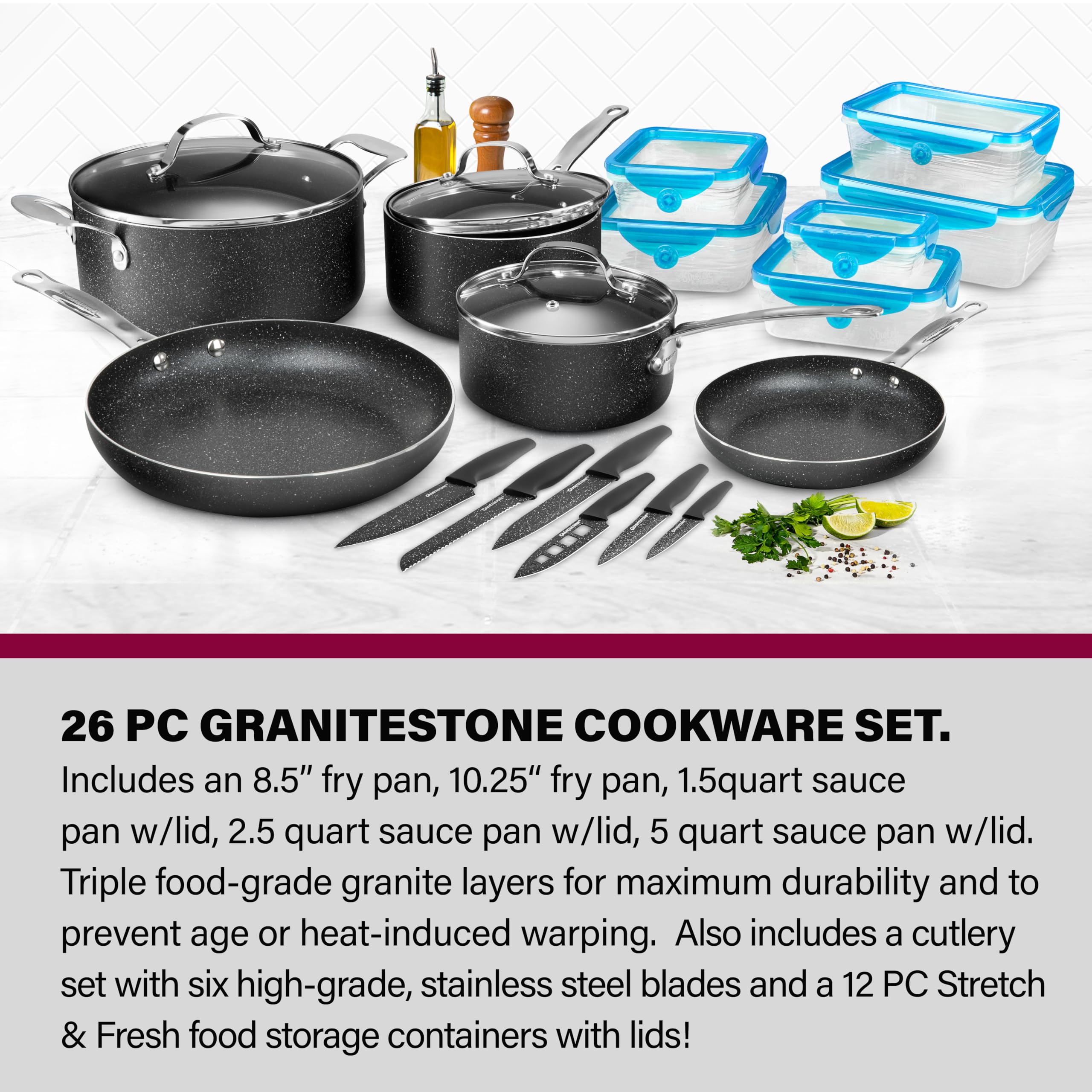 Granitestone 26 Pc Pots and Pan Set Non Stick with Sharp Nutribade Knife Set + Storage Containers, Non Stick Cookware Set, Non Stick Pots and Pan Set, Pot Set, Oven and Dishwasher Safe