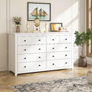 enhomee white dresser, dresser for bedroom with 10 wood drawers dressers & chests of drawers with smooth metal rail, wide storage dressers organizer for hallway, bedroom, 52.2w*15.8" d*35.8" h