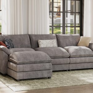 JUMMICO 119” Sectional Sofa Modern Deep Couch with Reversible Ottoman, L-Shaped Chenille Fabric Modular Sofa Sleeper Comfy for Living Room/Bedroom/Apartment (Grey, L Shaped Sofa)