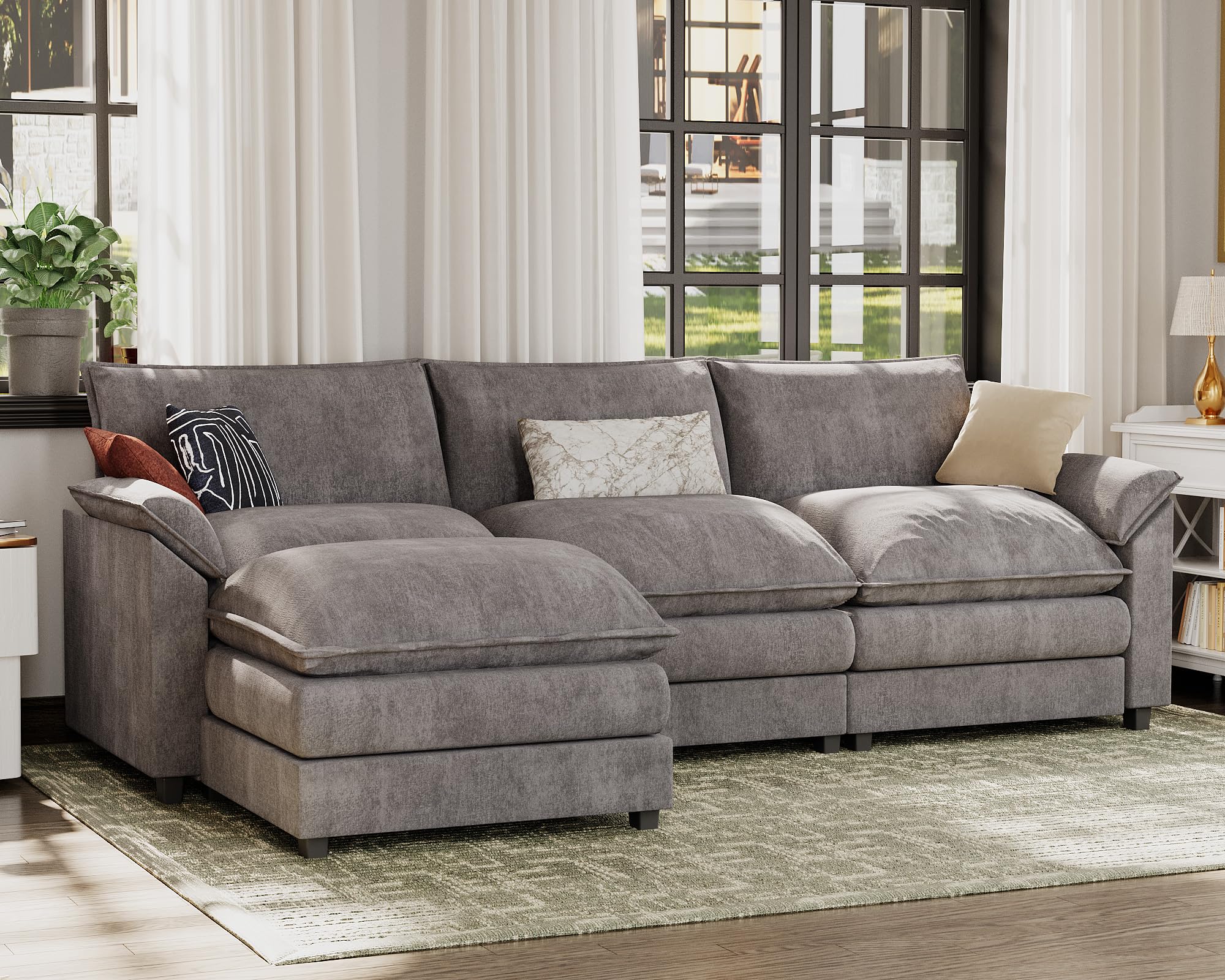 JUMMICO 119” Sectional Sofa Modern Deep Couch with Reversible Ottoman, L-Shaped Chenille Fabric Modular Sofa Sleeper Comfy for Living Room/Bedroom/Apartment (Grey, L Shaped Sofa)