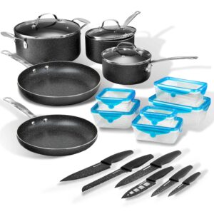 granitestone 26 pc pots and pan set non stick with sharp nutribade knife set + storage containers, non stick cookware set, non stick pots and pan set, pot set, oven and dishwasher safe