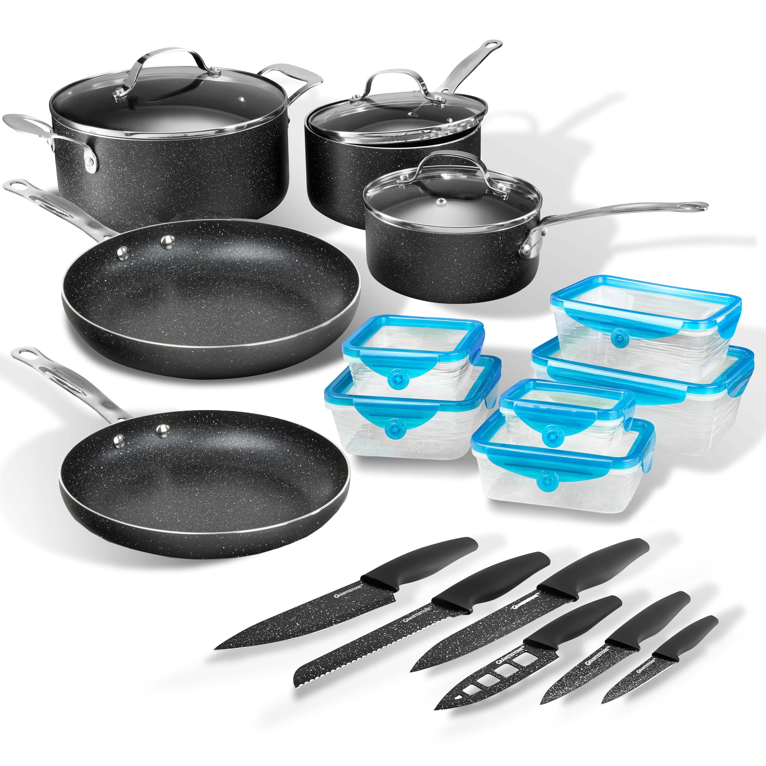 Granitestone 26 Pc Pots and Pan Set Non Stick with Sharp Nutribade Knife Set + Storage Containers, Non Stick Cookware Set, Non Stick Pots and Pan Set, Pot Set, Oven and Dishwasher Safe