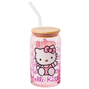 silver buffalo sanrio hello kitty waving pink glass jar tumbler with bamboo lid and glass straw, 16 ounces