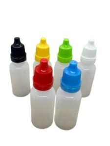 1/2 oz (15ml) ldpe plastic thin tip dropper bottles, small empty squeeze dropper bottles - solvents, essential oils, eye drops, saline, arts and crafts -bpa free -pack of 6 with mixed color caps