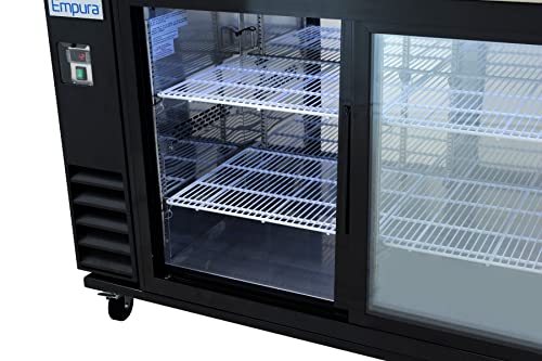 Empura 61" Back Bar Cooler Cabinet with 2 Sliding Glass Doors | Commercial Refrigerator Fridge Beer Soda | 324 12-oz Bottles Capacity, 61.1”W x 24.4”D x 41.7”H, Stainless Steel Countertop, Black, 115v