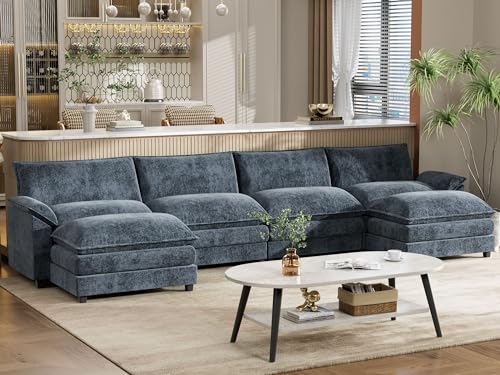 YESHOMY Sectional Modular Sofa U Shaped Chenille Fabric Couch with High Supportive & Soft Sponges and Removable Ottoman, Sleeper Comfy Upholstered Furniture for Living Room, Blue