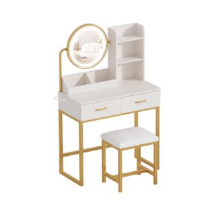 Fameill Makeup Vanity Desk with Lights and Round Mirror, White and Gold Vanity Makeup Table, Small Vanity Set Make Up Vanity with Lots Storage, 3 Lighting Modes, 31.5in(W)… (Modern)