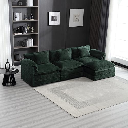 4 Seater Corner Sectional Sofa Cloud Couch with Movable Ottoman, L Shape Boucle Chenille Upholstered Leisure Modular Sofa&Couch with 2 Layers Seat Cushions and Waist Pillows for Living Room