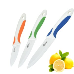 3 pack ceramic knife set with sheaths, 5-inch utility knife, 4-inch fruit knife, 3-inch peeling knife, zirconia blade with ergonomic handle.use for meat fruit vegetable bread and butter.