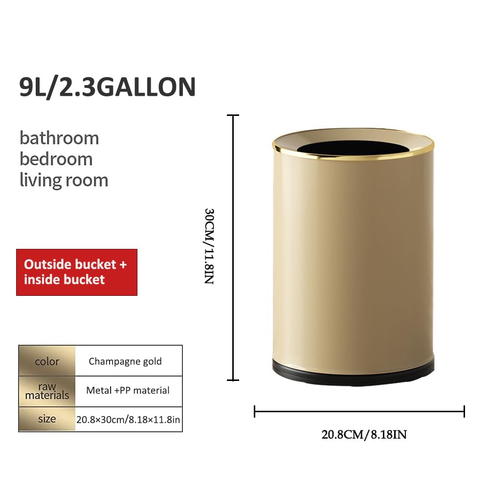 YOJIA 9L/2.4 Gallons Modern Round Waste Basket,Champagne Gold Open Top Metal Trash Can with Removable Lid,Gold Garbage Can for Bathroom,Bedroom,Vanity, Hotel,Office(Champagne Gold, 9L)