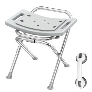 ugarden folding shower chair seat, stainless steel small shower chair for inside shower with pad/grab bar, 400lbs portable travel shower stool, safety anti-slip bath chair for seniors, disabled, gray