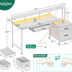 AODK 55" Computer Desk with Fabric File Cabinet and Drawer, Reversible Office Desk with Power Outlet and LED Light, Study Desk with Printer Stand, Keyboard Tray, Full Monitor Riser and PC Stand, White