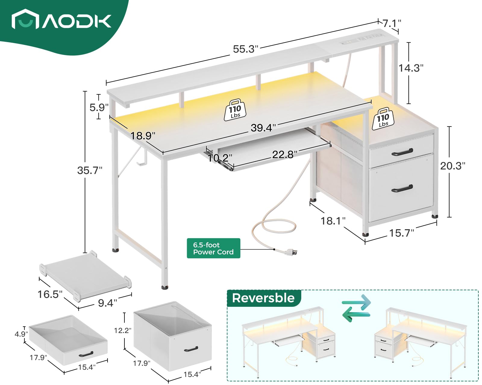 AODK 55" Computer Desk with Fabric File Cabinet and Drawer, Reversible Office Desk with Power Outlet and LED Light, Study Desk with Printer Stand, Keyboard Tray, Full Monitor Riser and PC Stand, White