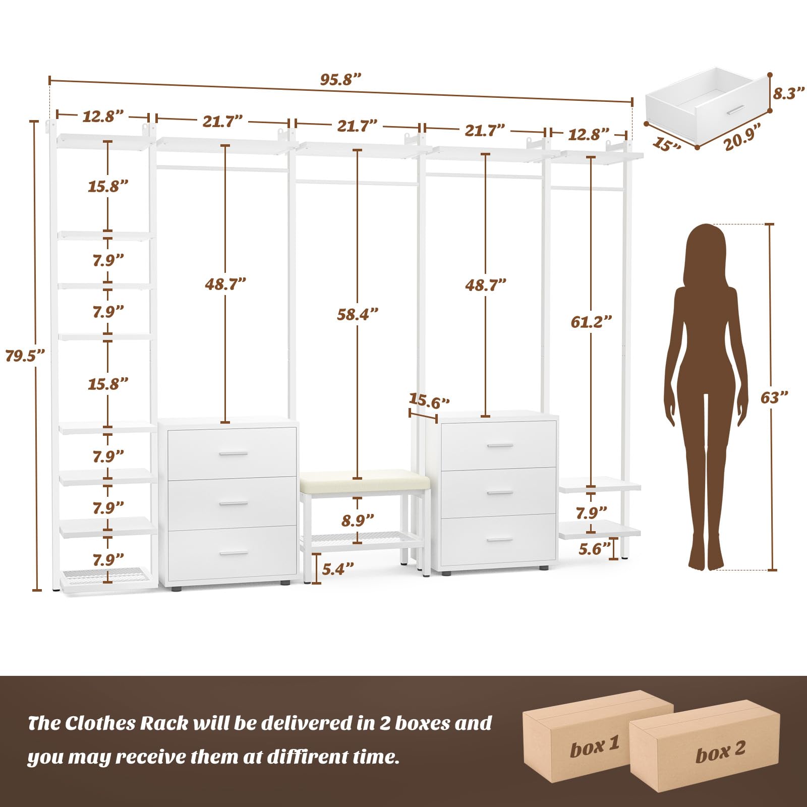 Aheaplus 8FT Closet Organizer Systems with 6-Drawers, 96'' Wood Closet Organizer with Storage for Walk In Closets, Clothing Rack Wardrobe Closet Garment Rack for Hanging Clothes, Bedroom, White