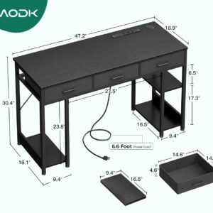 AODK 48 Inch Gaming Desk with Fabric Drawers & Power Outlets, Computer Desk with Storage Shelves & CPU Stand, Gamer Table, Writing Study Desk with Type-C & USB, Small Desk for Bedroom, Black