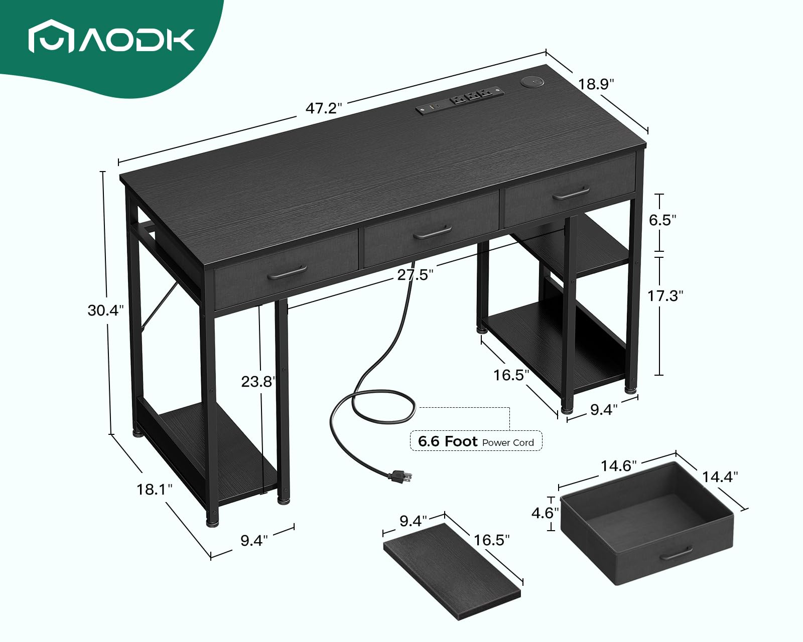 AODK 48 Inch Gaming Desk with Fabric Drawers & Power Outlets, Computer Desk with Storage Shelves & CPU Stand, Gamer Table, Writing Study Desk with Type-C & USB, Small Desk for Bedroom, Black