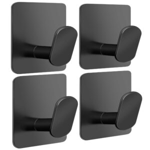 hanpex adhesive hooks - 4 pack towel/wall hooks for hanging coat, hat,towel robe, heavy duty hooks stick on kitchen or bathroom (matte black, waterproof, stainless steel)