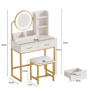 Fameill Makeup Vanity Desk with Lights and Round Mirror, White and Gold Vanity Makeup Table, Small Vanity Set Make Up Vanity with Lots Storage, 3 Lighting Modes, 31.5in(W)… (Modern)